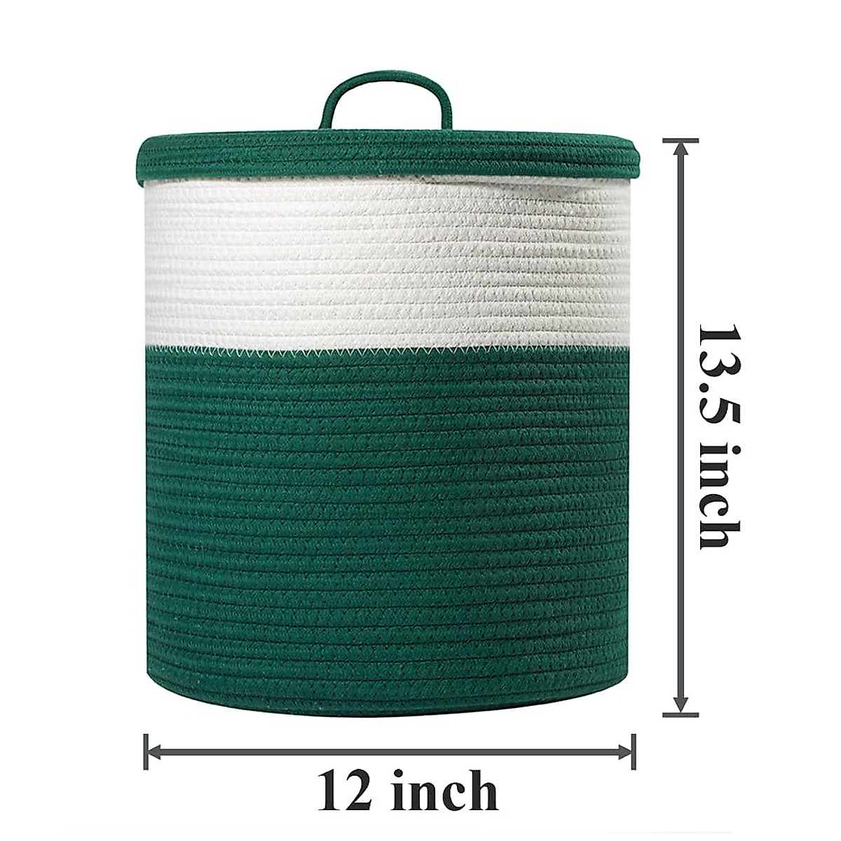 Yimi's Dream Basket with Lid, Medium Woven Baskets for Storage and Organizing, Small Cotton Rope Basket with Handle for Baby Gifts, Laundry, Toy (12''D * 13.5''H, Green & White)