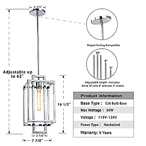 BUNKOS 1-Light Lantern Pendant Light in Chrome Finish, Geometric Hanging Light Fixture, 8" Farmhouse Chandelier for Kitchen Island Foyer Hallway, Adjustable Height, T10 Bulb Included
