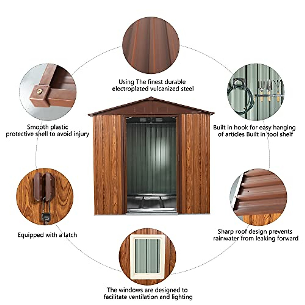 6.36 x 5.7ft Outdoor Metal Storage Shed with Floor Frame, Sliding Doors & Side Window, Sun Protection, Waterproof Tool Storage Shed for Garden, Patio, Lawn,Backyard (Brown & Wood Grain)