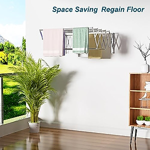 kenvc Wall Mount Clothes Drying Rack, Stainless Steel & Space-Saving Laundry Rack, 7 Rods Crossbar, 3.6 Lbs, 18.33 Linear Feet, 31.5"x23.6"x8.3", 60lb Capacity, Medium, White