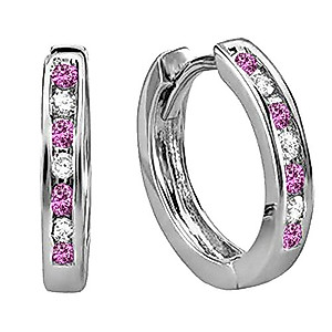 Dazzlingrock Collection 10k Small Round White Diamond & Pink Sapphire Huggie Hoop Earrings 1/5 CT, White Gold