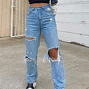 Fujiuia Pocket Jeans Waist Denim Elastic Hole Women Loose Trousers Button High Pants Pants Cute Jean Dress for Women
