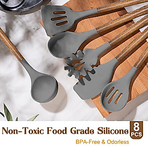 Umite Chef Silicone Cooking Utensil Set, 8-Piece Kitchen Utensils Set with Natural Acacia Wooden Handles,Food-Grade Silicone Heads-Silicone Kitchen Gadgets and Spatula Set for Nonstick Cookware - Grey
