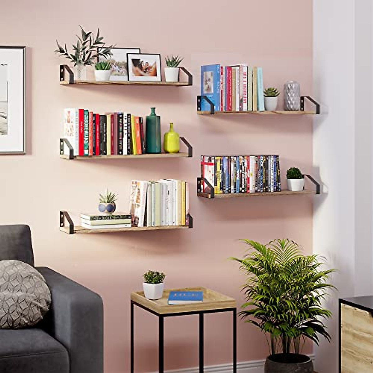 Wallniture Braga 24" Floating Shelves, Bookshelf Wall Decor Living Room Bathroom Shelves Over Toilet, Bedroom Kitchen Organization, Burnt Finish Set of 5