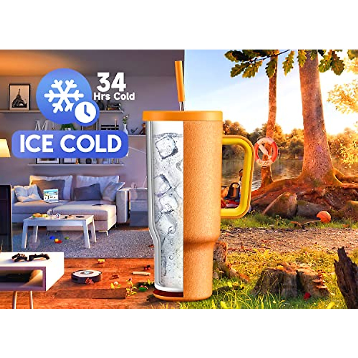 Meoky 40oz Tumbler with Handle, Leak-proof Lid and Straw, Insulated Coffee Mug Stainless Steel Travel Mug, Keeps Cold for 34 Hours or Hot for 10 Hours (Peach)