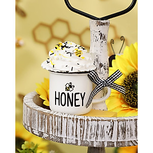 Nefelibata Farmhouse Bumble Bee Tiered Tray Decoration Honey Mini Coffee Mugs with Faux Bee Whipped Cream Toppers Spring Summer Coffee Bar Table Decor Cute Bee Day Party Photo Prop