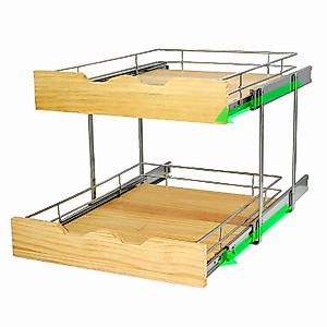 DINDON 2 Tier Pull Out Cabinet Organizer (20" W x 21" D) Slide Out Wood Shelf Double Tier Kitchen Wire Basket with Chrome Finish…