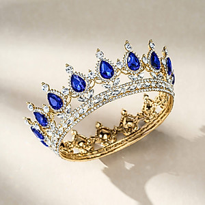 SWEETV Crystal Queen Crown for Women, Rhinestone Wedding Tiara Headband, Full Round Princess Crown Hair Accessories for Prom Birthday Costume Party, Royal Blue+Gold
