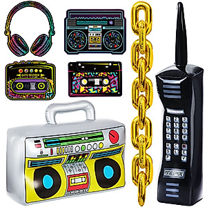 26 Pieces 80s 90s decorations Inflatable Radio Boombox Inflatable Mobile Phone Gold Inflatable Foil Chain Balloons 80s 90s Props Retro Cassette Headphones Player Cutouts for Hip Hop Party Decoration