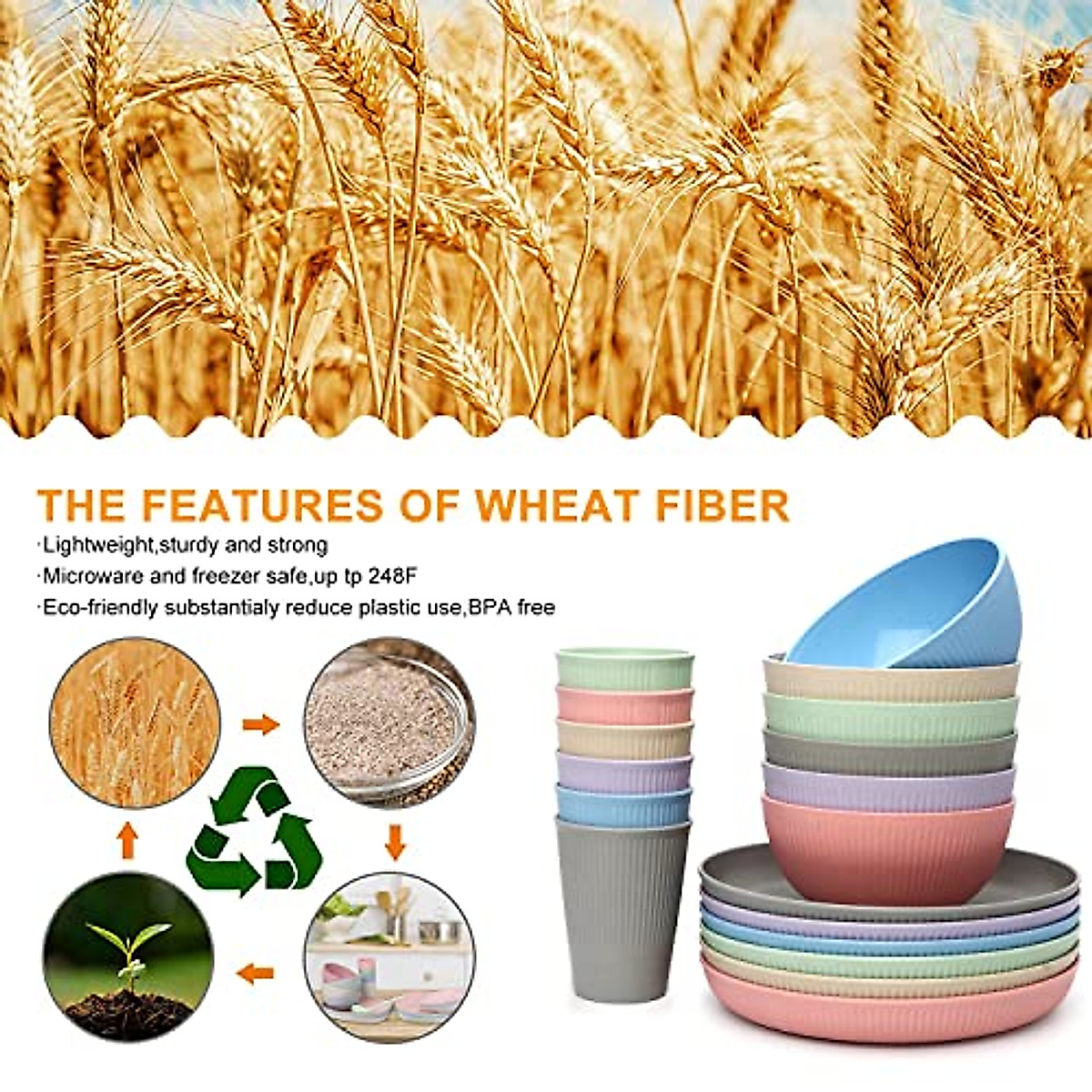 Wheat Straw Dinnerware Set, 18 Pcs Unbreakable Reusable Plates, Cups and Bowls Set for 6, Lightweight Dinner Plates and Bowls, Top-rack Dishwasher Safe