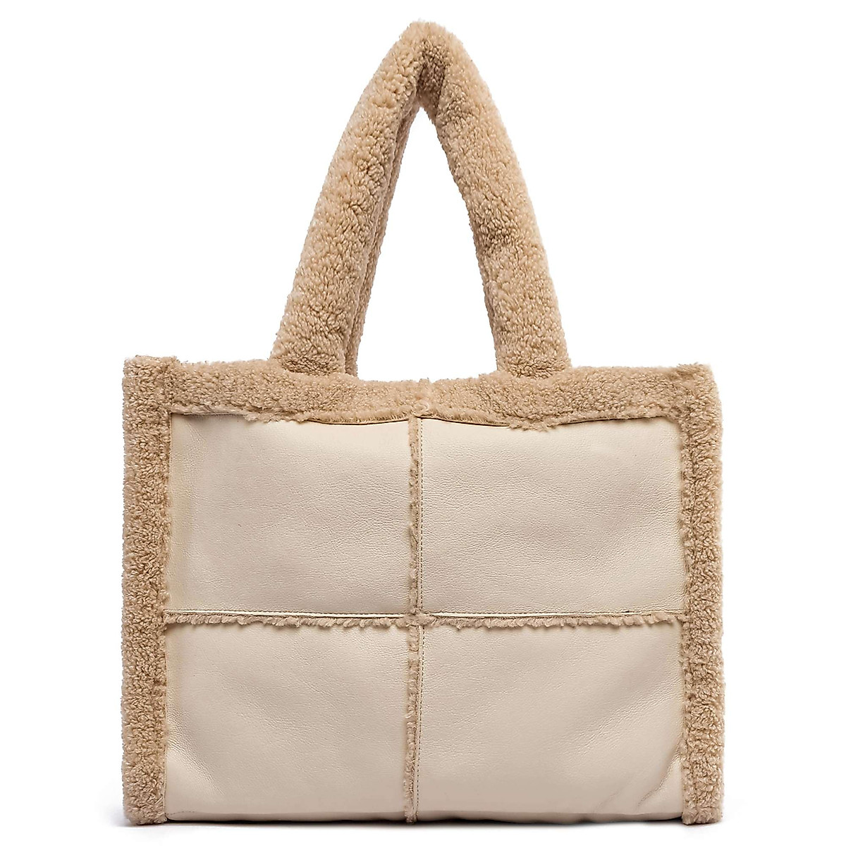 Like Dreams Large Sherpa Tote Bag, Inner Pocket Vegan Leather, Large Tote Hand bags for Women, Fashion Winter Purse (Ivory)
