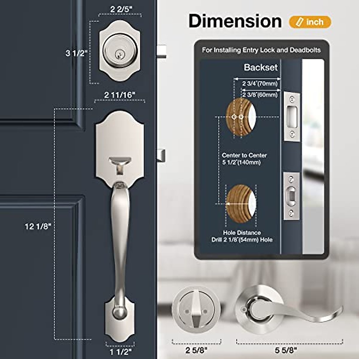 Brightify Satin Nickel Front Door Handle, Satin Nickel Door Handle with Door Lever, Modern Front Door Handle Set, Adjustable Deadbolt Lock Set with Single Cylinder, Reversible for Right&Left