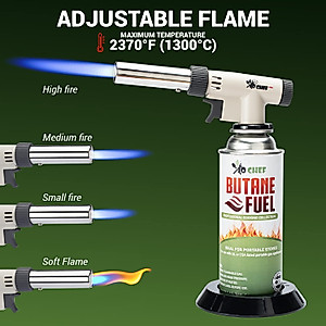 Jo Chef Pro Butane Torch Lighter - Refillable Butane Torch Head, Hand Held, Small with Adjustable Flame - Culinary Blow Torch, Creme Brulee Torch, Baking, BBQ
