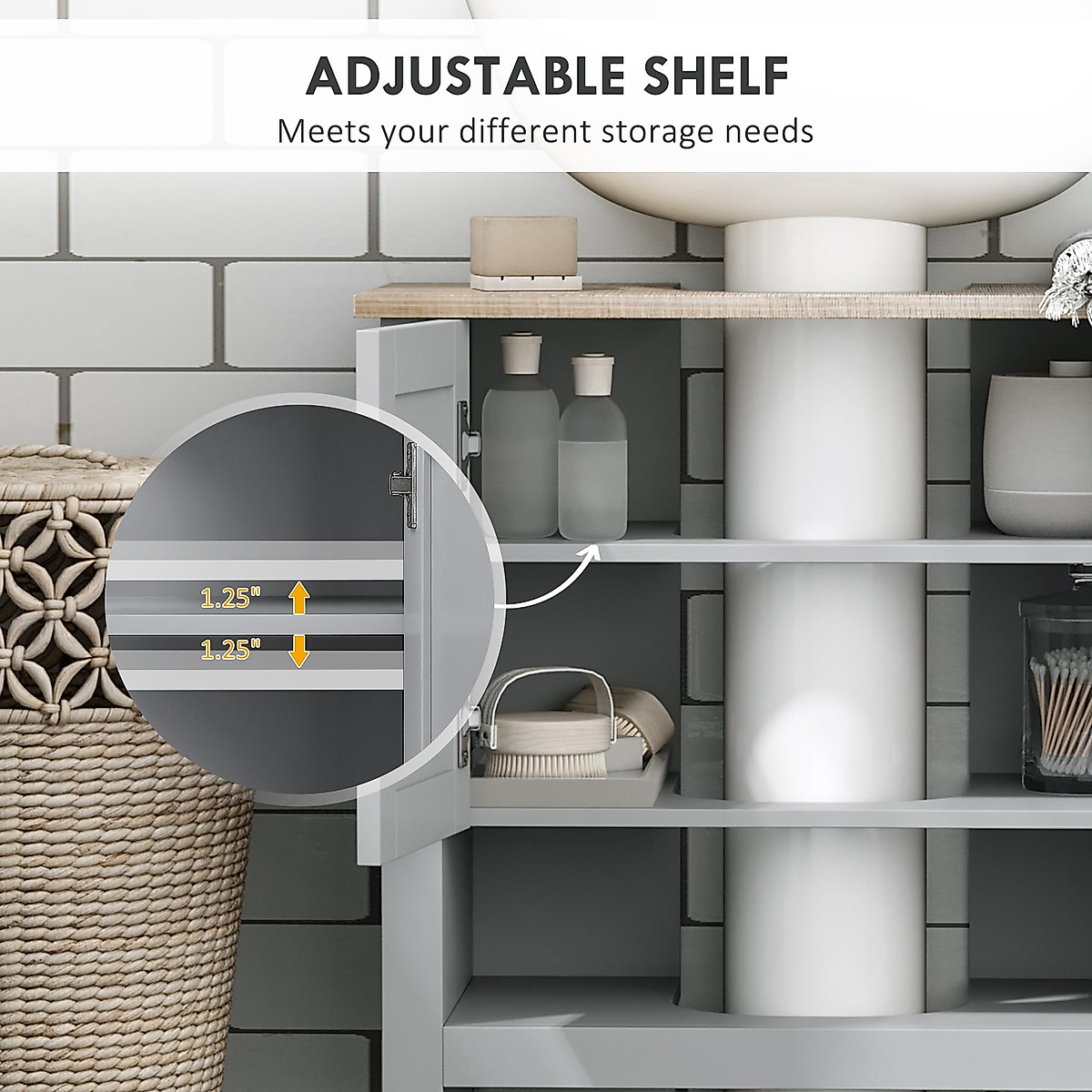 kleankin Pedestal Sink Storage Cabinet, Under Sink Cabinet, Bathroom Vanity Cabinet with Adjustable Shelf and Open Bottom Shelf, Gray