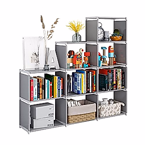 JIUYOTREE Portable Bookshelf, 9 Cube Closet Storage Organizer Bookcase,Clothes Storage for Living Room,Study Room,Bedroom, Grey