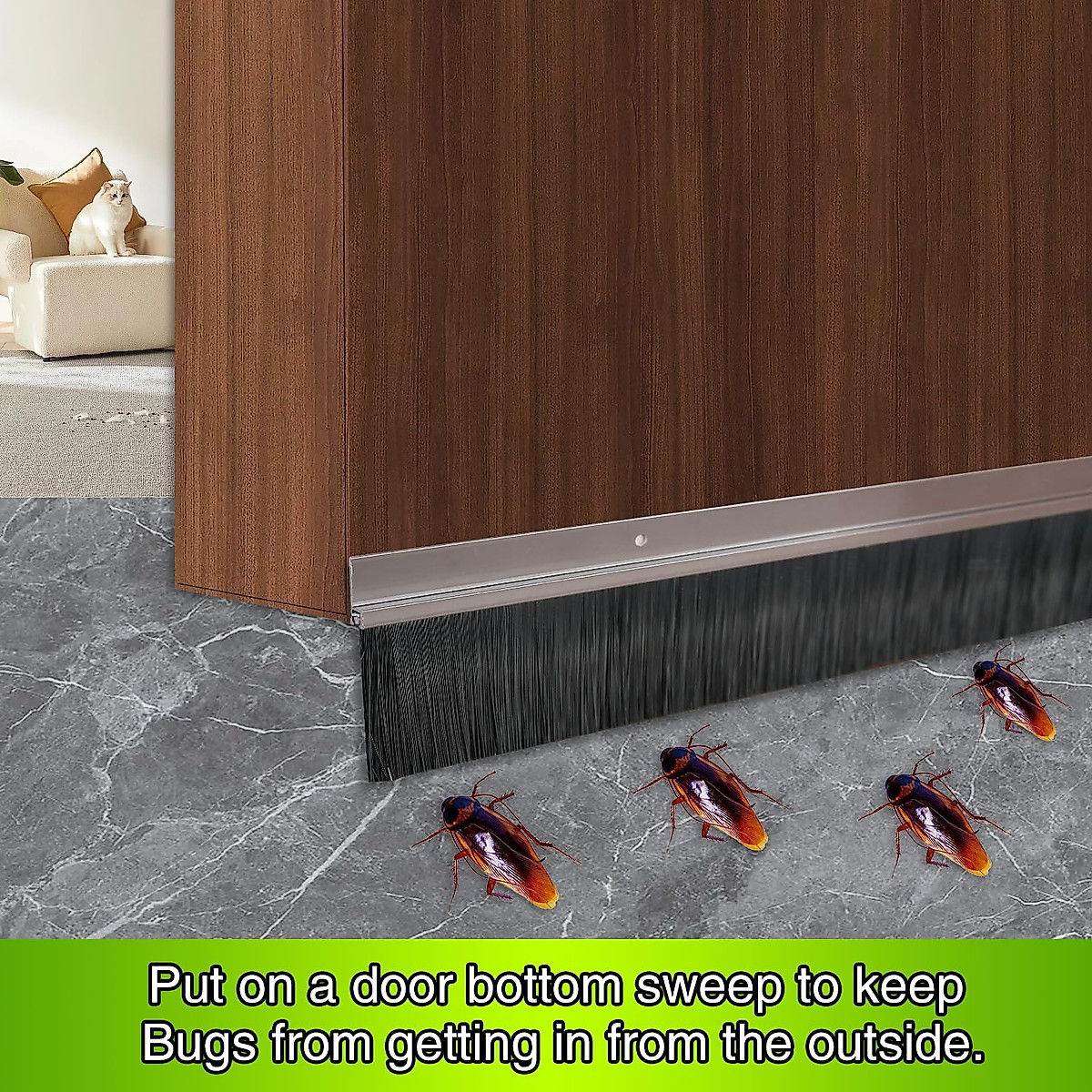 Qimoo 2 Pack Door Bottom Sweep, h-Shape Aluminum Alloy Holder Door Sweep for Bottom of Door with 1.6" Brwon Nylon Brush, 39.37"x2.48"(1000mmx63mm)