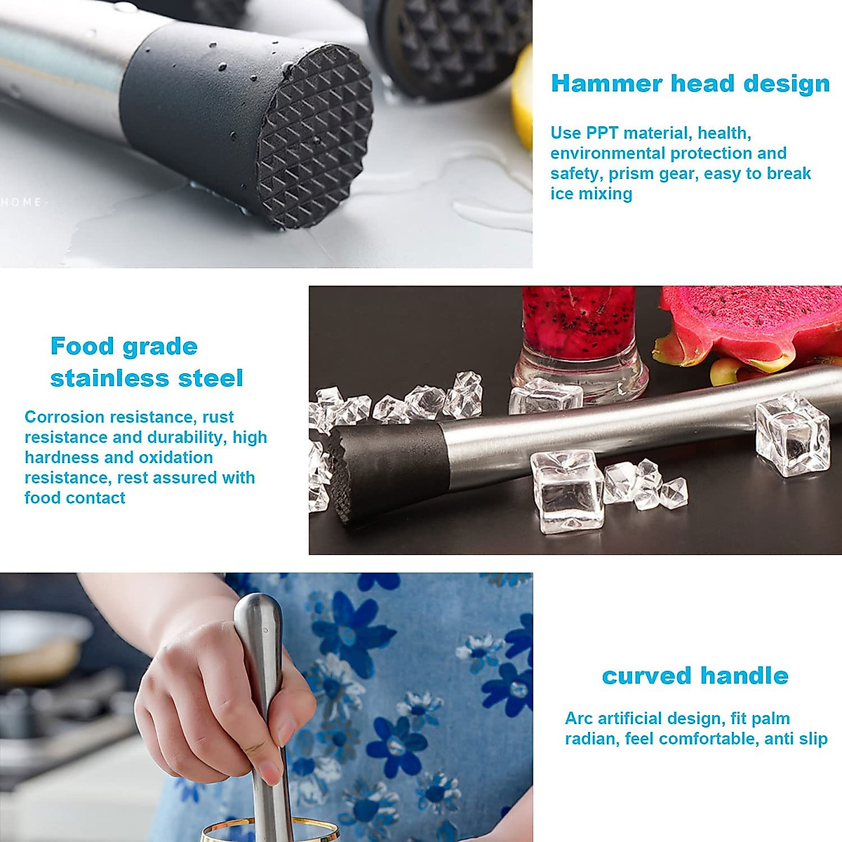 10 Inch Stainless Steel Cocktail Muddler and Mixing Spoon, Home Bar Tool Bartender Set for Cocktails Mojitos Ice Margaritas Mint & Fruit Drinks, Silver, 10x4x1.5 inch