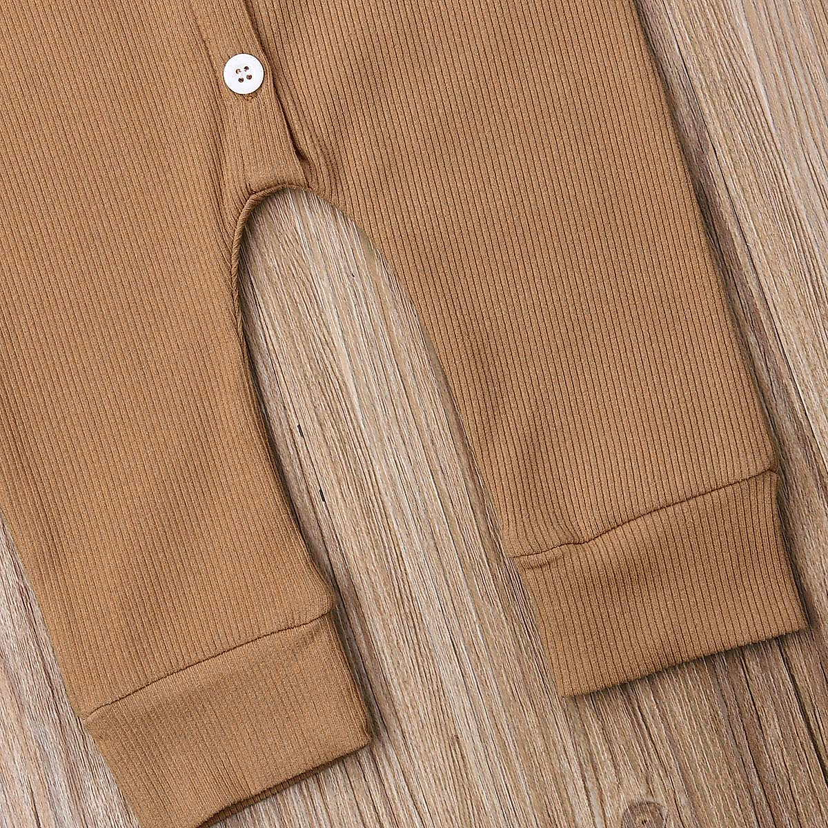 Kuriozud Newborn Infant Unisex Baby Boy Girl Long Sleeve Button Solid Knitted Romper Bodysuit One Piece Jumpsuit Summer Outfits Clothes (Long Sleeve Jumpsuit Brown, 0-3 Months)