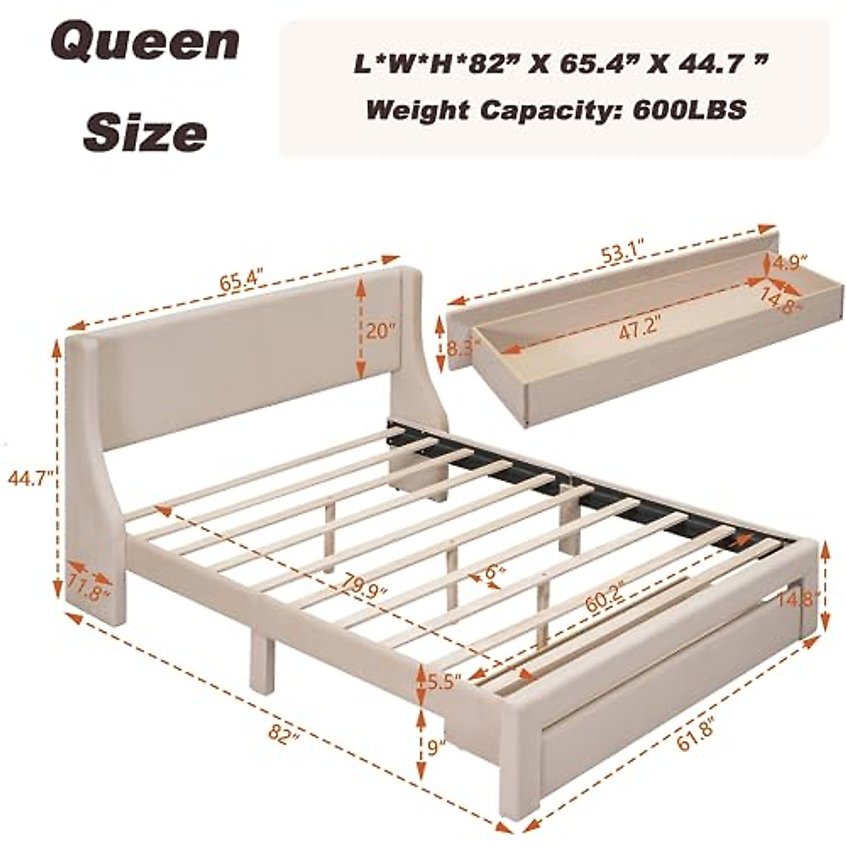 Queen Size Velvet Platform Bed Frame with Headboard, Upholstered Platform Bed Frame with Storage Drawer, No Box Spring Needed, Sturdy Wood Slat Support for Bedroom Boys Girls Teens Room (Queen, Beige)
