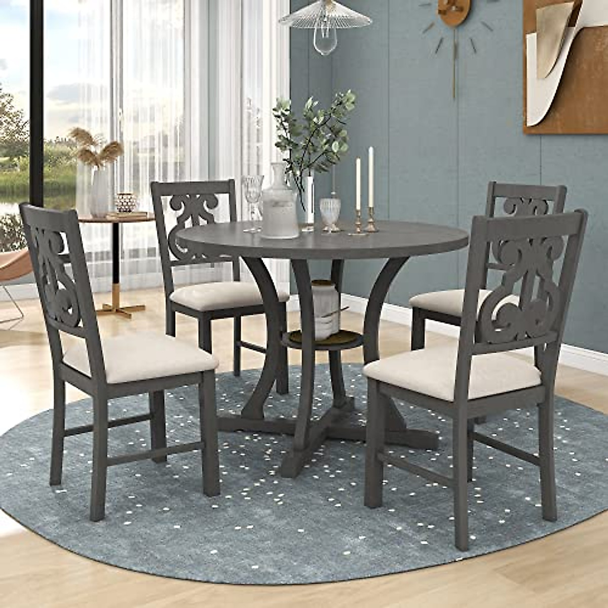 EMKK 5 Piece Round Table, Fabric Chair Vintage Style Home Furniture 42" Beautifully Designed Diningroom Hollow Back and Storage Shelf, 4-Seater Dining Set, Gray
