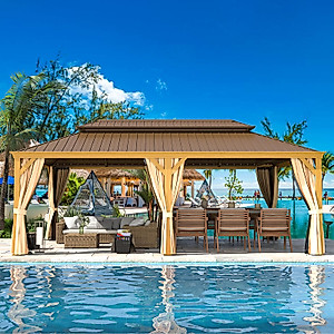 EROMMY 14'x22' Hardtop Gazebo, Galvanized Steel Double Roof with Wood Grain Aluminum Frame, Outdoor Gazebo with Curtains and Nettings for Patio, Backyard and Deck