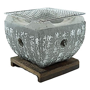 Ebros Gift Japanese Cuisine Tabletop Shichirin Konro Compact Movable Charcoal Grill BBQ Cooking Stove With Stainless Steel Wire Mesh Grill And Wooden Base For Yakitori Hibachi Yakiniku (Gray Black)