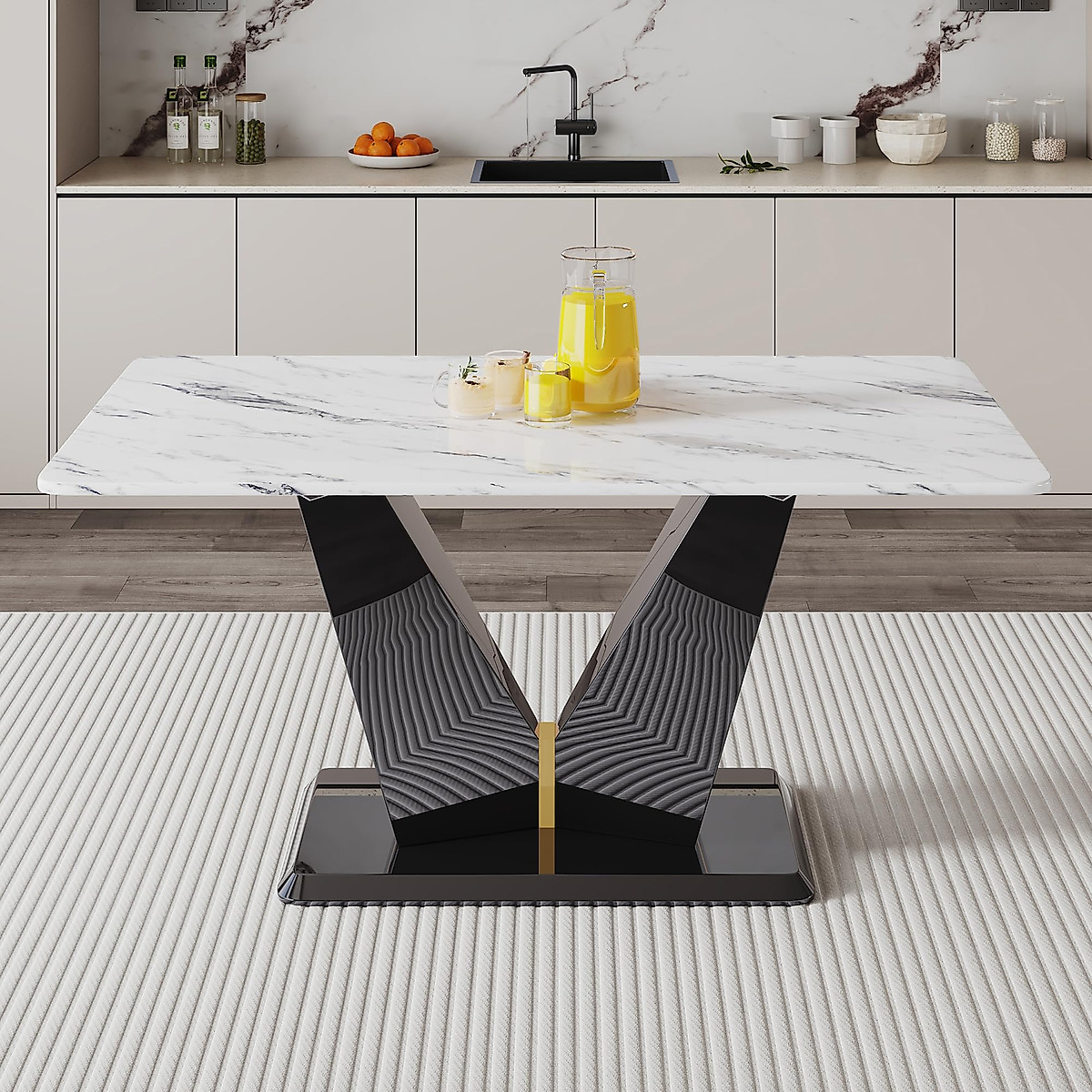 Pvillez 63 inch Marble Dining Table, Modern Dining Table for 4 6 People, Kitchen Table with Rectangular White Faux Marble Top & V Shape Pedestal Base Dinner Table for Dining Room Kitchen Living Room