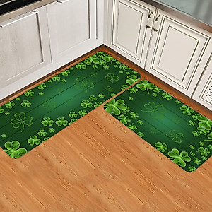 St. Patrick's Day Shamrocks Kitchen Mats Sets 2 Piece, Lucky Shamrocks Clover Green Wood Grain Kitchen Rug Non-Slip Washable Runner Carpets for Patrick's Day Decorations, 15.7" x 23.6" + 15.7" x 47.2"