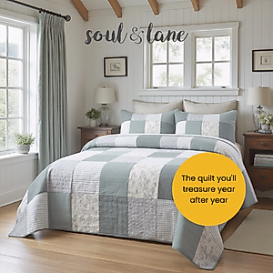 Soul & Lane Memory Lane 3-Piece Cotton Quilt Set - Queen Size with 2 Shams, Sage Green Patchwork Quilted Comforter, Lightweight Country Pieced Bedspread, Neutral Modern Farmhouse Bedding
