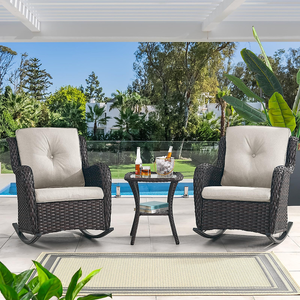 Belord Patio Rocking Chairs Bistro Set - Wicker Outdoor Rocking Chairs Set of 2 with Side Table, All Weather Rattan Rocker Seating Patio Furniture Set for Porch Balcony Garden Brown