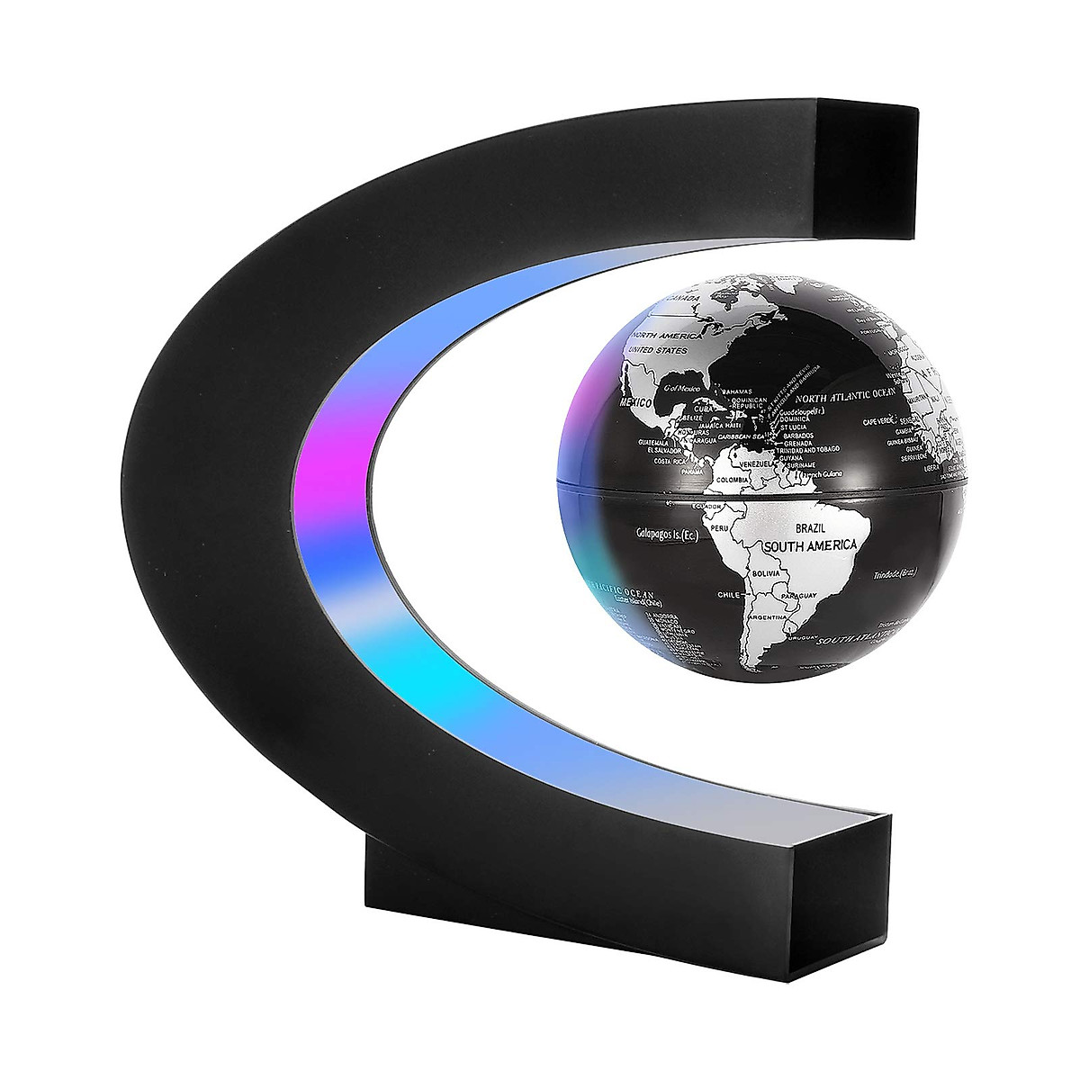 Gresus Magnetic Levitation Floating World Map Globe with C Shape Base, Floating Globe with LED Lights, Great Fathers Students Teacher Business Boyfriend Birthday Gift for Desk Decoration （Black)