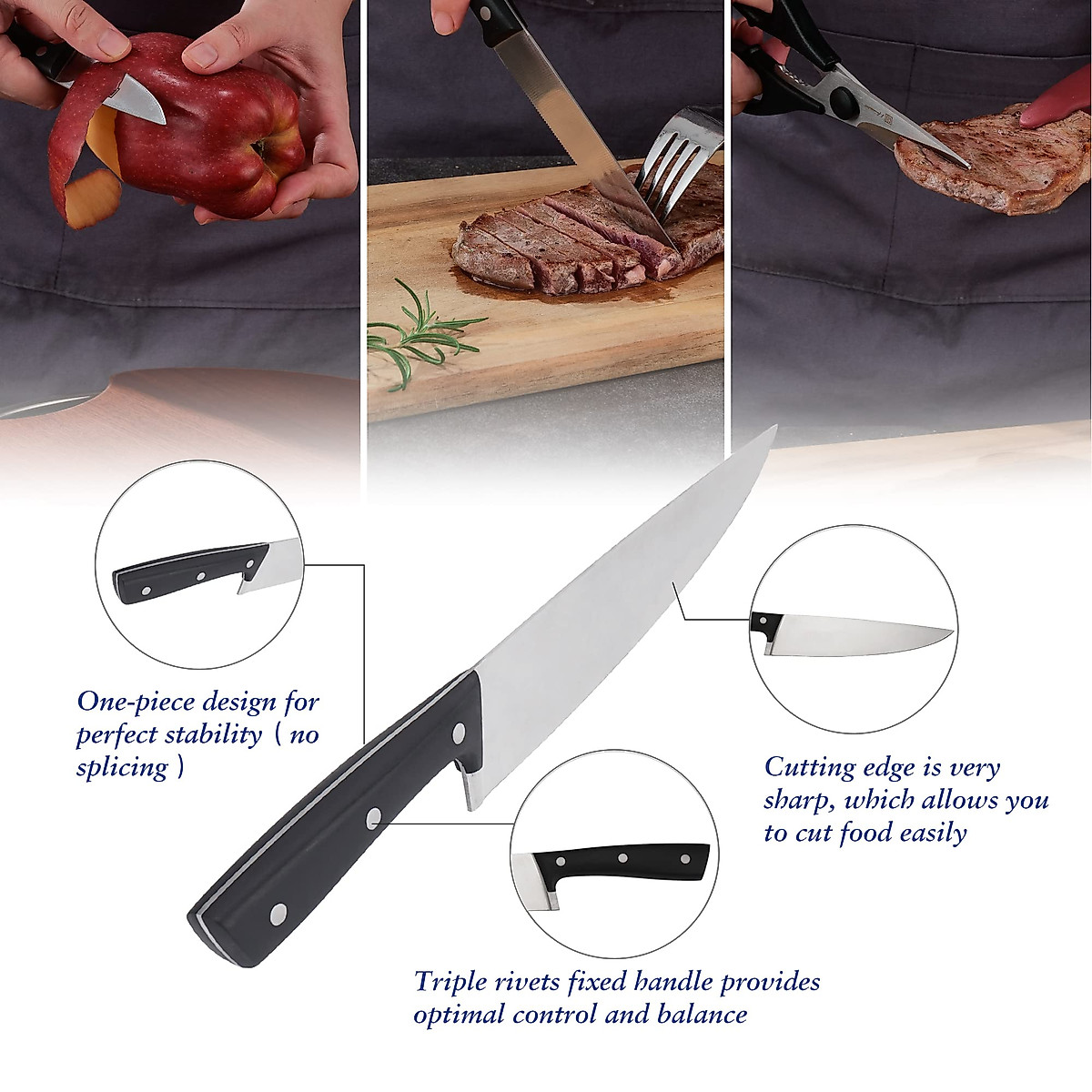 Hanmaster Knife Set, 13 Pieces Stainless Steel Knife Sets for Kitchen with Block, Kitchen Scissors, Sharp Kitchen Knife for Home and Restaurants, Box Packed，Elegant Black.