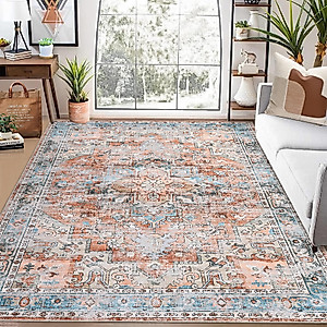 ROYHOME 10x13 Area Rug Extra Large Machine Washable Rug for Living Room Vintage Distressed Accent Rug Stain Resistant Non-Slip Floor Cover Traditional Medallion Carpet for Bedroom, Terracotta