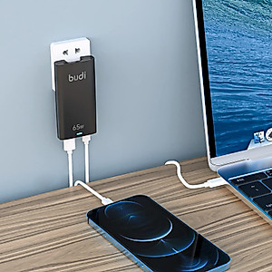 BUDI 65W PD3.0 USB C GaN Foldable Plug Adapter USB Ultra-Thin Portable Wall-Mounted Travel Power Fast Charger,Adapter for MacBook,Microsoft Surface Go,Laptop,for iPhone iPad (Classic)