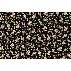 Spoonflower Fabric - VIP Night Theater Popcorn Black Yellow Stars Red Gold Novelty Printed on Petal Signature Cotton Fabric Fat Quarter - Sewing Quilting Apparel Crafts Decor