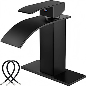 Midanya Waterfall Spout Bathroom Faucet Single Handle 1 Hole Bathroom Sink Faucet,Modern RV Lavatory Vanity Basin Faucet with 6 Inch Deck Plate for 1 or 3 Hole and Water Hose,Matte Black