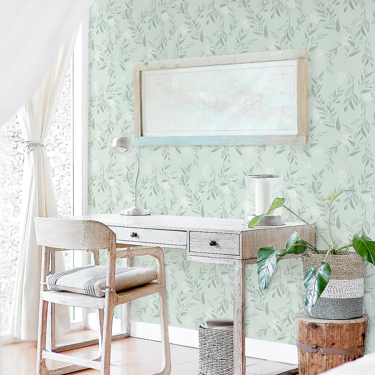 Sage Green Leaf Peel and Stick Wallpaper Boho Green Floral Contact Paper for Cabinets and Drawers Removable Self Adhesive Farmhouse Wallpaper for Bathroom Waterproof Modern Contact Paper 79inL 17.3inW