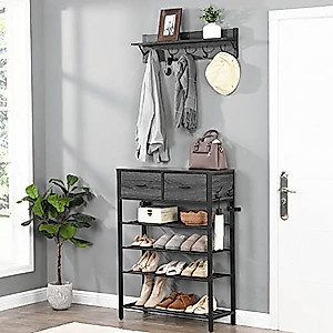 DKLGG Metal Shoe Rack with Coat Rack, Industrial 4-Tier Shoe Storage Organizer with Drawers for 12 Pairs, Shoe Shelf with Hooks & Adjustable Feet, Free Standing Shoe Racks for Entryway, Hallway(Black)