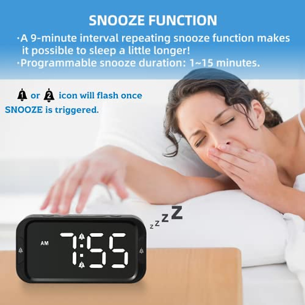 Searon Alarm Clock for Bedroom - Digital Desk Clock for Kids Dimmable LED Display, Dual Loud Alarms, Programmable Snooze, 12/24H, DC 5V/1A USB Port Charger - 5.6 x 2 x 2.8 Inches