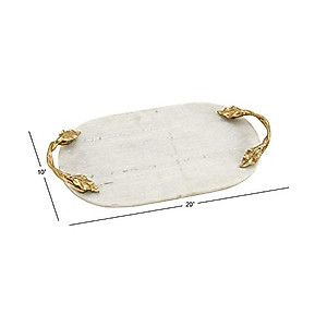 Deco 79 Marble Oval Tray with Gold Twisted Leaf Handles, 20" x 10" x 2", White