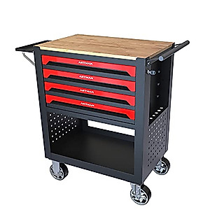 36" Tool Box with Wheels 4 Drawers Rolling Tool Cart, Wooden Top Workbench, 660lbs Total load Tool Cabinet with Locked Drawers Storage Organizer Cabinet for Garage, Warehouse, Repair Shop - Red