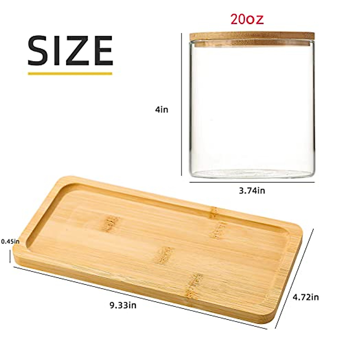 2 Pack 20oz Glass Qtip Holder with Bamboo Vanity Tray Glass Cotton Ball Holder Apothecary Jars Bathroom Organizer Canisters with Lids for Cotton Swabs Cotton Pads Dental Floss Makeup Brush Perfume.