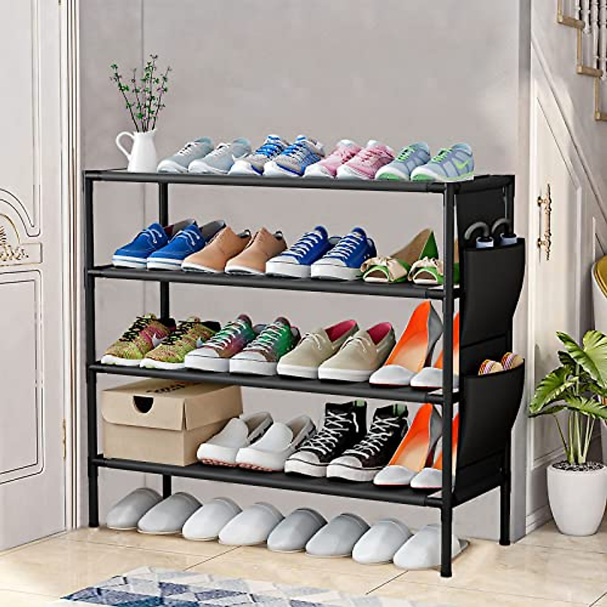 SORCEDAS Shoe Rack Storage Organizer 4 Tier Black Metal Stackable Shelf with Side Pocket for Closet Entryway Floor Hallway (4 Tier, Black)