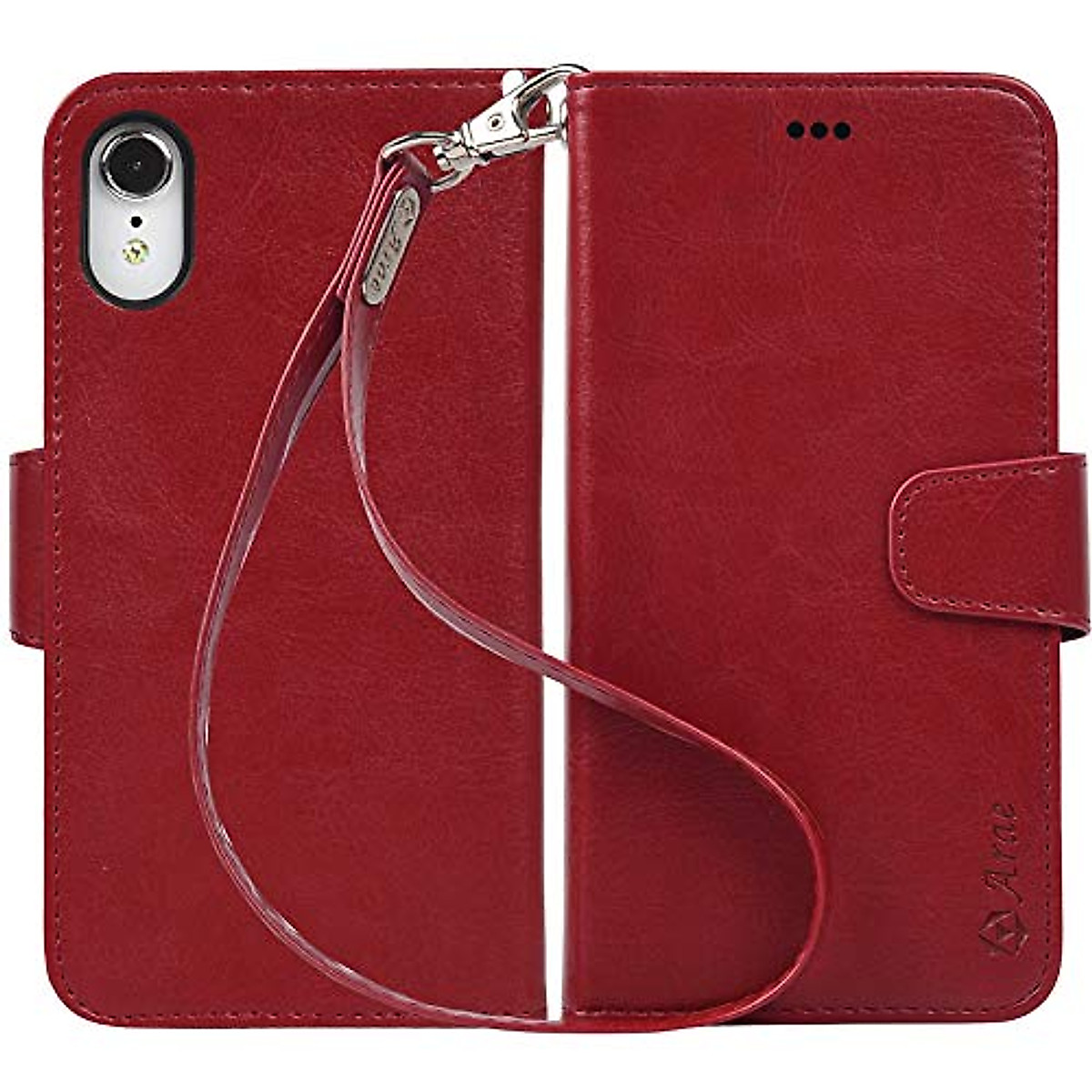 Arae Wallet Case for iPhone XR PU Leather flip case Cover [Stand Feature] with Wrist Strap and [4-Slots] ID&Credit Cards Pocket for iPhone XR 6.1 inch (Wine red)