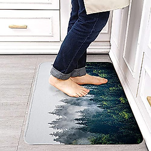 Welcome Doormat Nature Foggy Forest Green Misty Trees,Rubber Backing Kitchen Carpet Mountain Landscape Art,Durable Washable Entry Rugs for Bedroom Dining Room Front Door Decor 16x24In