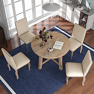 Eafurn Round Kitchen Table & Chairs for 4 4,5-Piece Farmhouse Dining Sets, Include Wooden Extendable Four Upholstered Curved Shaped Living Room, 42 x 42 x 30 inches, Natural Wood Wash