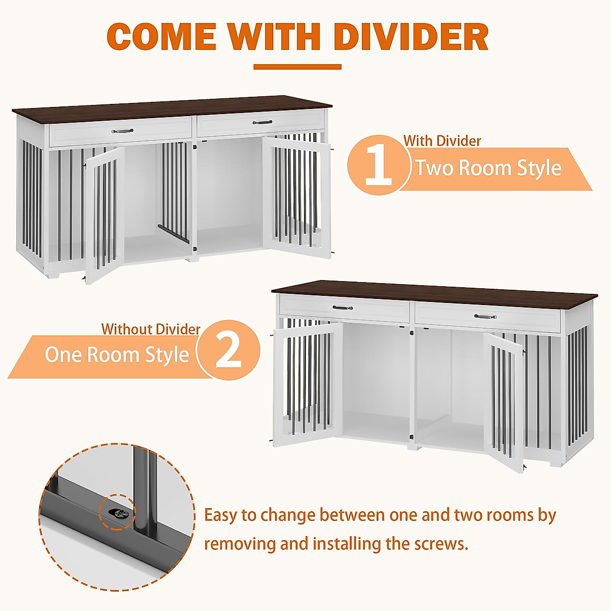 MOOLIVE Large Double Dog Crate Furniture, 72.4" Wooden Dog Crate Furniture with Divider and 2 Drawers, XXL Heavty Duty Dog Crates Furniture for 2 Medium or Large Dogs Indoor, White + Walnut