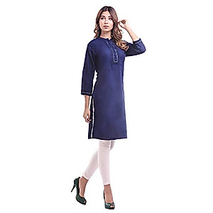 Chichi Indian Women's Plain Cotton Kurti Top, Blue, Small