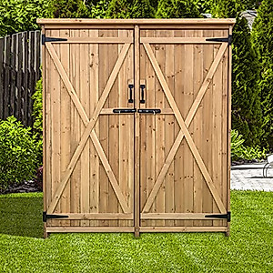 Hanover Outdoor Durable Double Door Wooden Shed for Tools and Garden Supplies with Shelf and Locking Latch, 36 Cu.Ft. Capacity (4.4' x 5' x 1.6'), Outdoor Storage for Backyard with Waterproof Roof