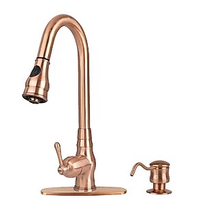 Copper Kitchen Faucet with Soap Dispenser, Single Handle Solid Brass High Arc Pull Down Sprayer Head Kitchen Sink Faucets with Deck Plate